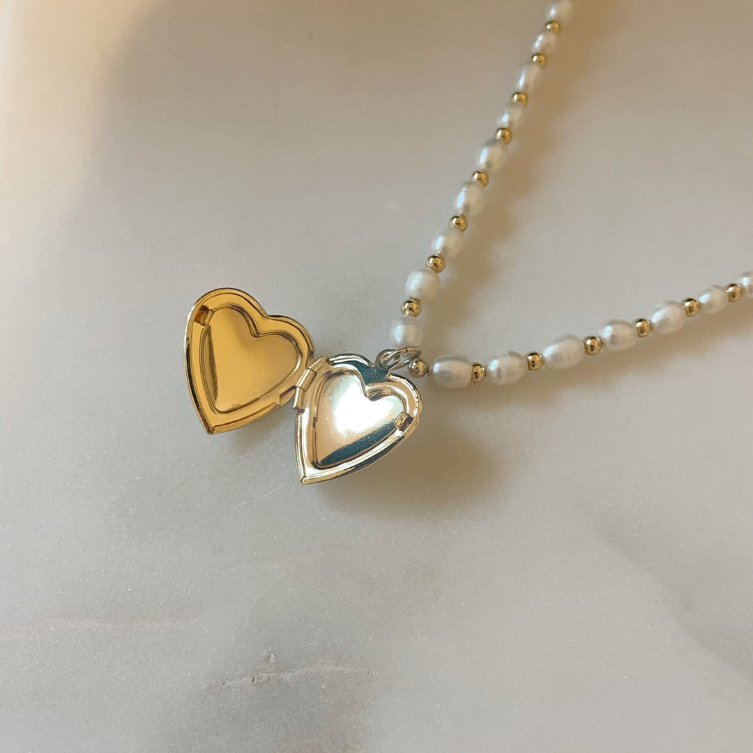 HOUSE OF AU. ORA Heart of Gold Locket Pearl Necklace The Shop Laguna Beach